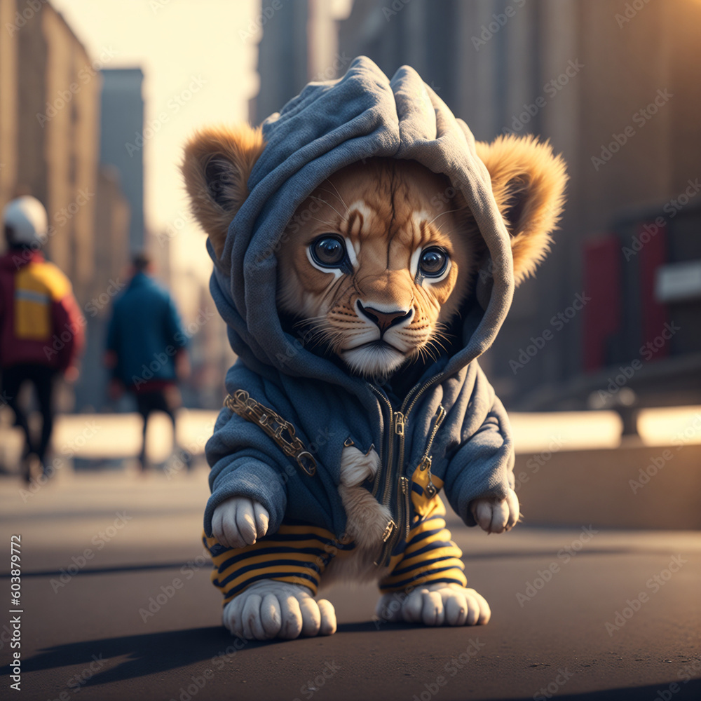 cute lion cub wearing jacket standing in middle of road, AI generated ...