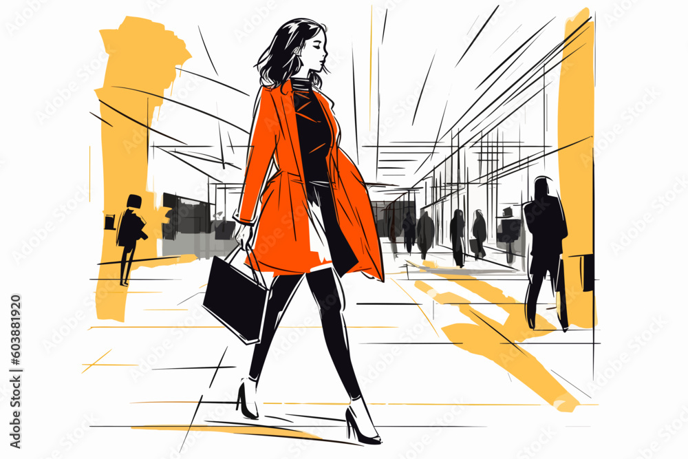 Doodle inspired Trendsetter at shopping mall, cartoon sticker, sketch ...