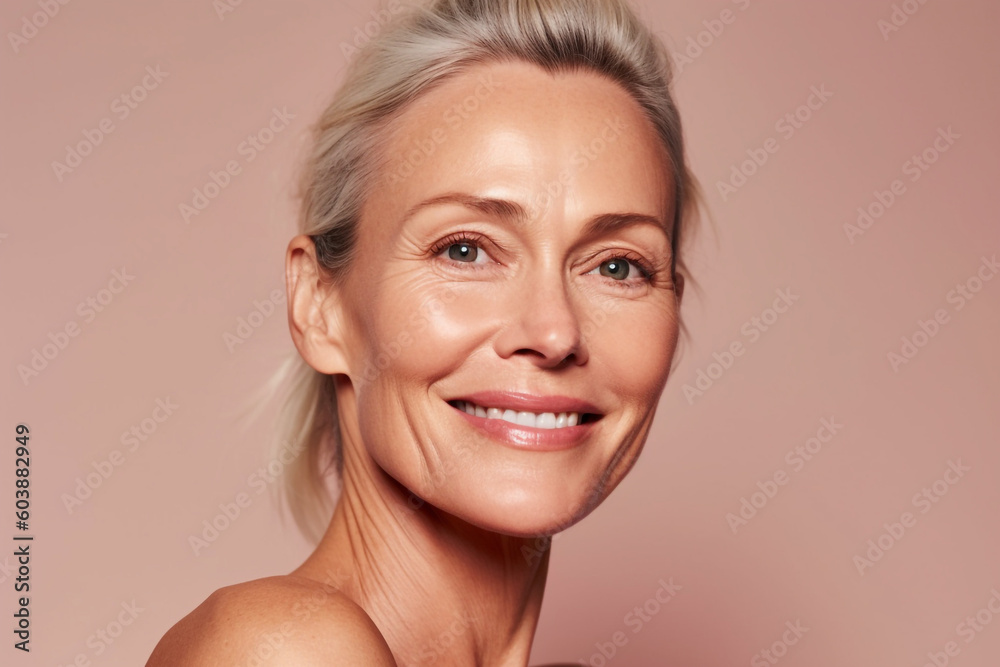 Beautiful smiling woman aged 50 model with natural makeup clean face ...