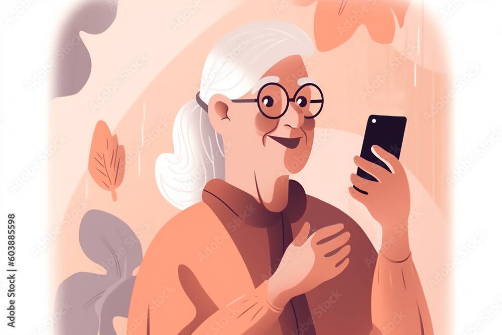 Generative AI.Elderly Woman with smartphone. Senior smiling lady using ...
