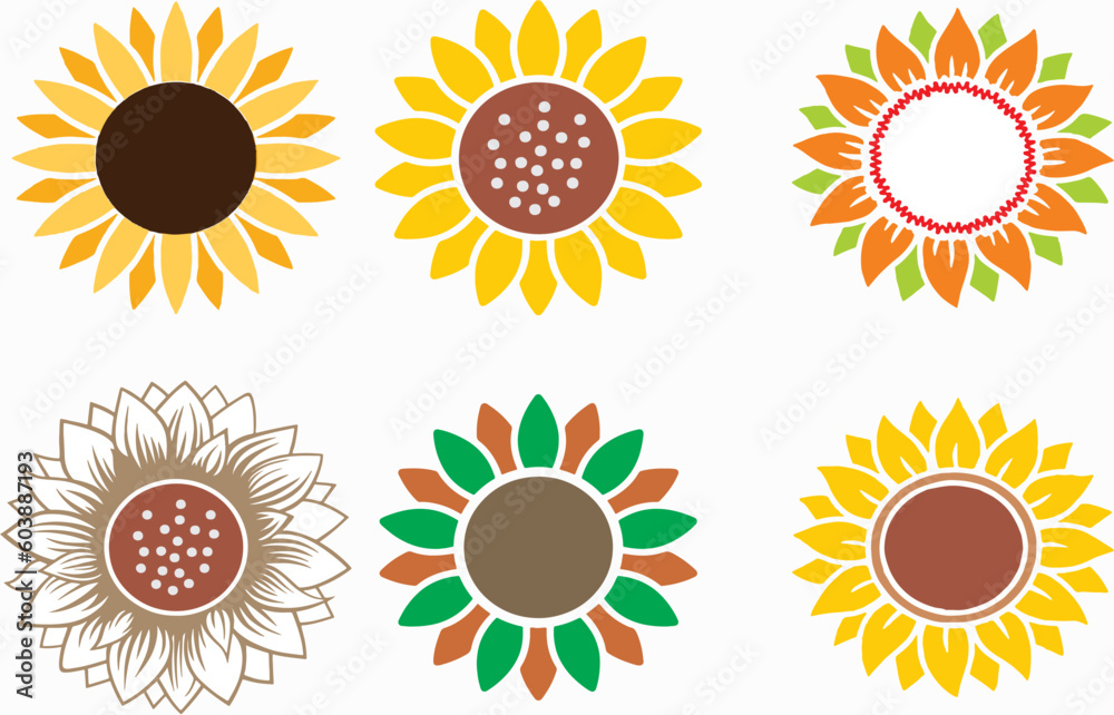 Collection of sunflower icons on a white background, sun symbol, logo ...