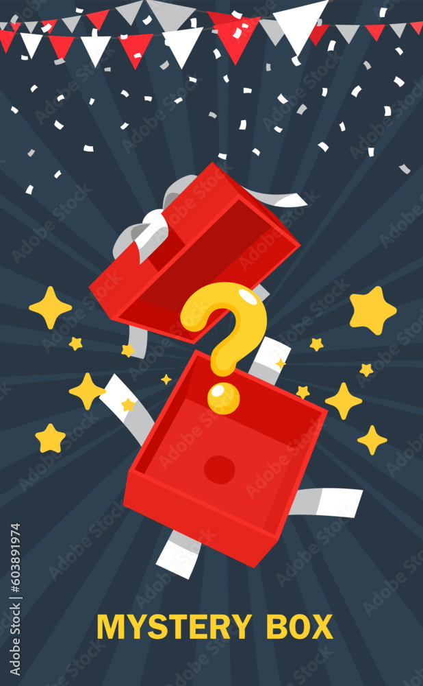 Open a red mystery gift box with a white ribbon decoration flag ...