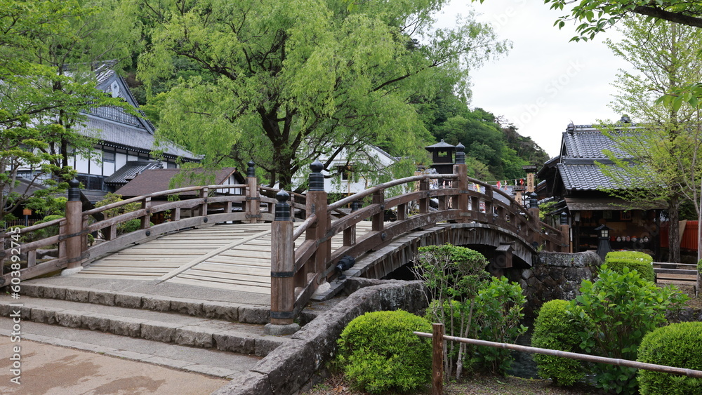Kinugawa Onsen, Japan May 1 2023: wooden edo arch bridge in Edo ...