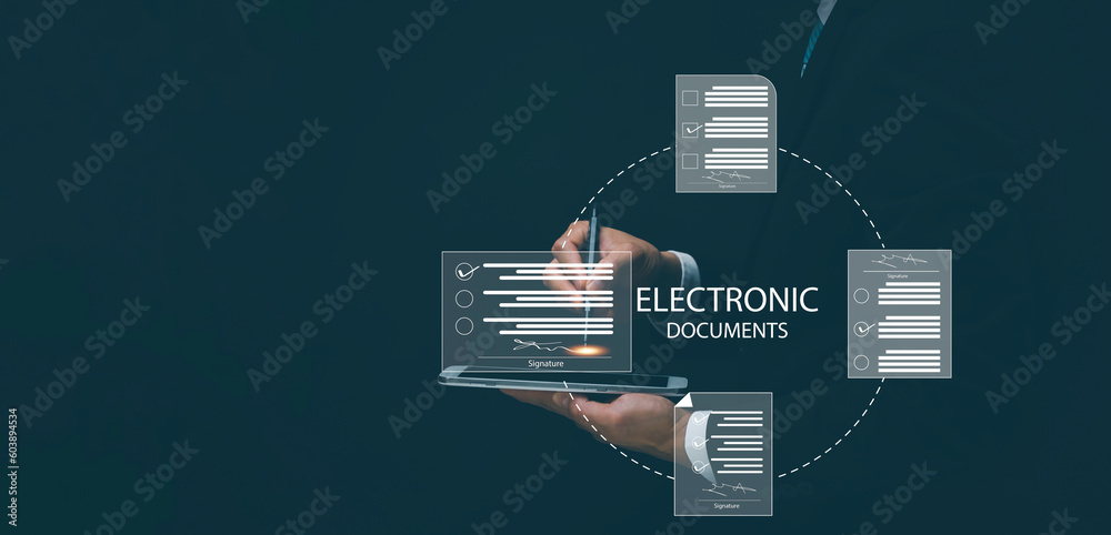 Signing electronic documents on digital documents Online, businessman ...