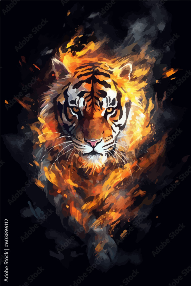 The vector illustration portrays a magnificent tiger. The vibrant red ...