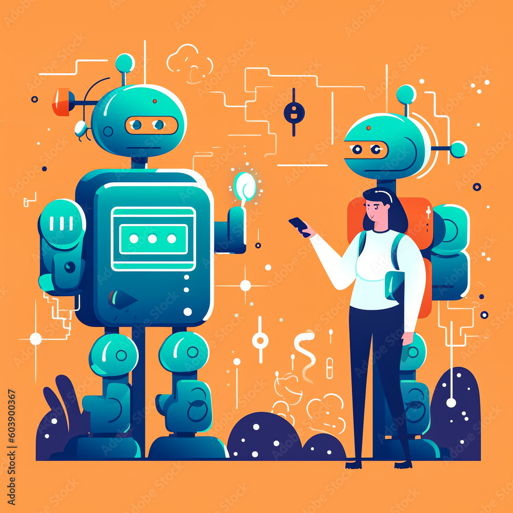 Robot interaction: A person interacting with a flat-style robot, with ...