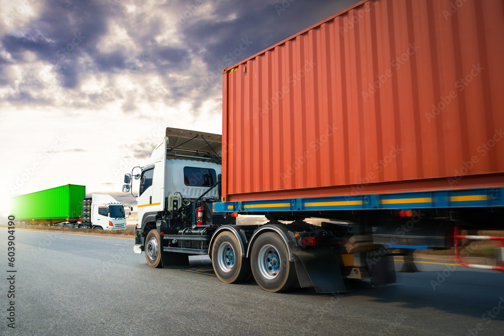Semi Trailer Trucks Driving on Highway Road with The Sunset. Shipping ...