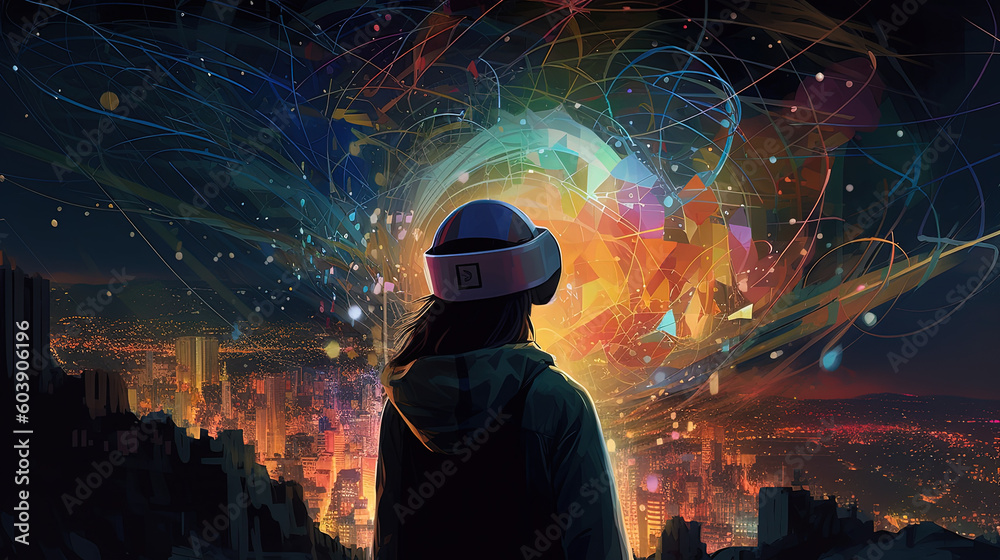 Girl wear Augmented reality Headset. Girl experiencing Digital ...