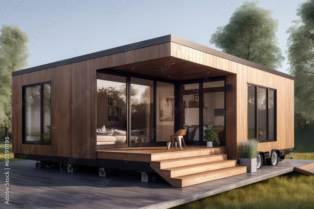 Modular wooden house on wheels with flat roof and big windows all ...