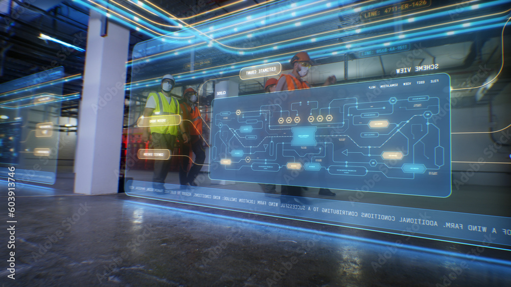 Team of diverse workers walks through electrical distribution station ...