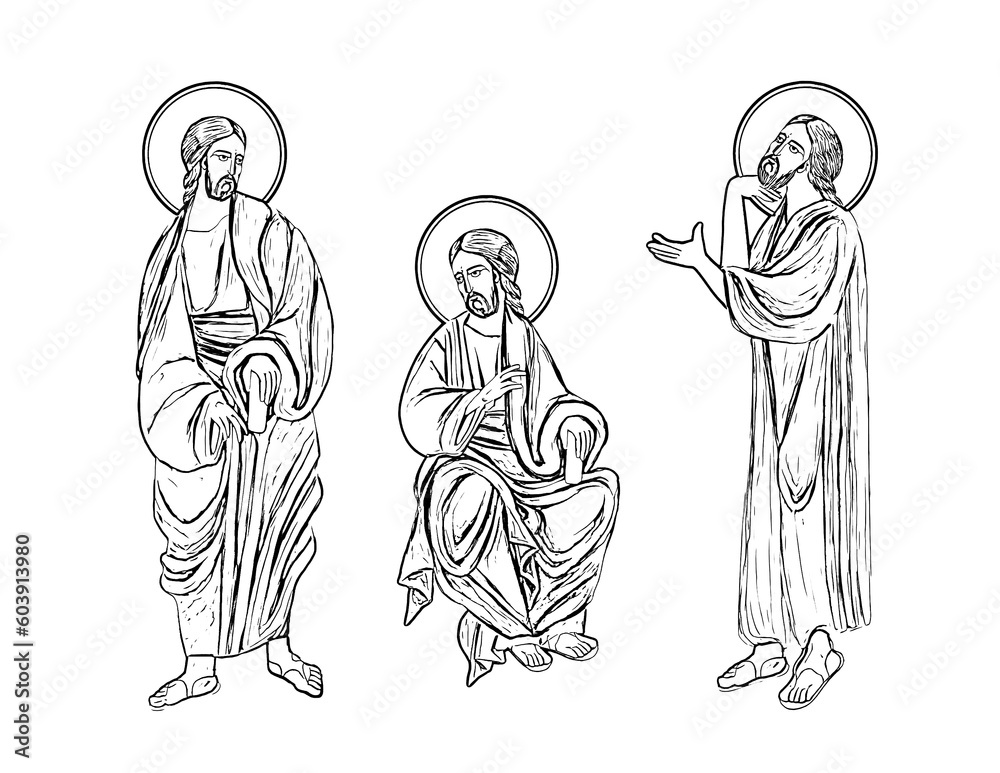 Three figures of Jesus on a dark blue background. Illustration - fresco ...