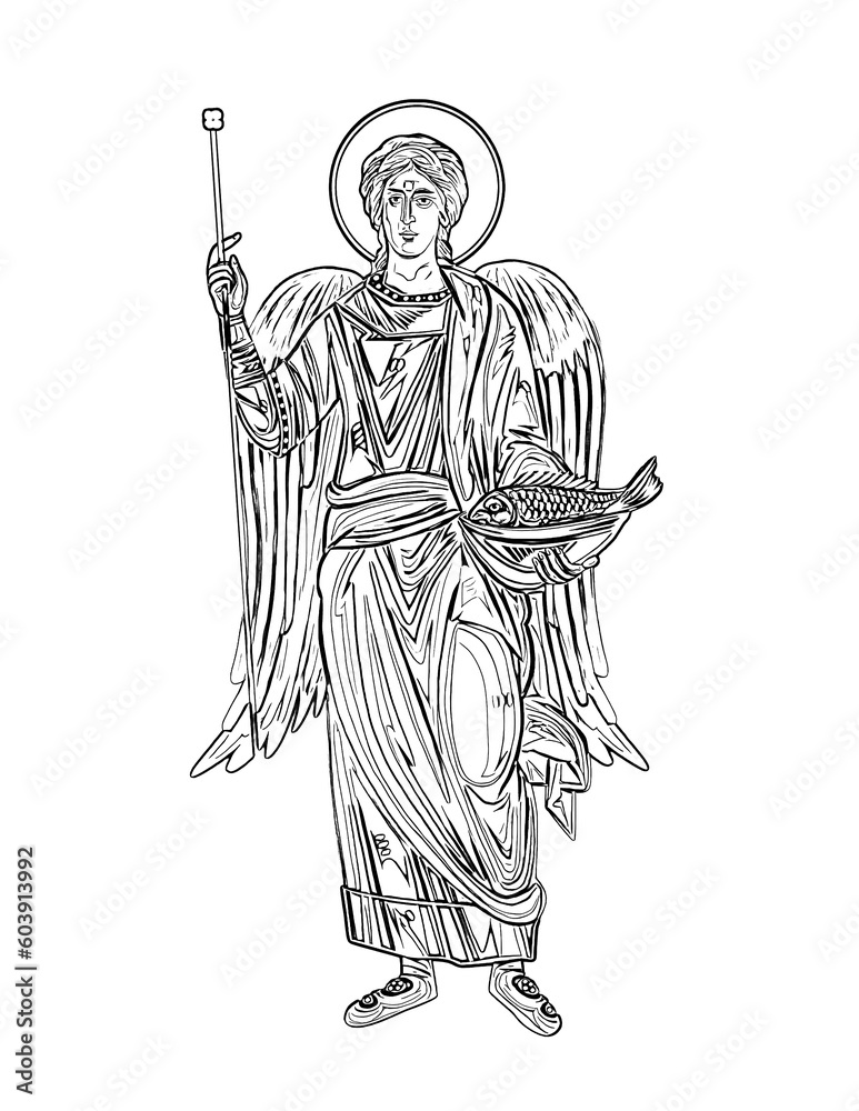 Raphael archangel. God who heals. Healing of Tobit with the fish's gall ...