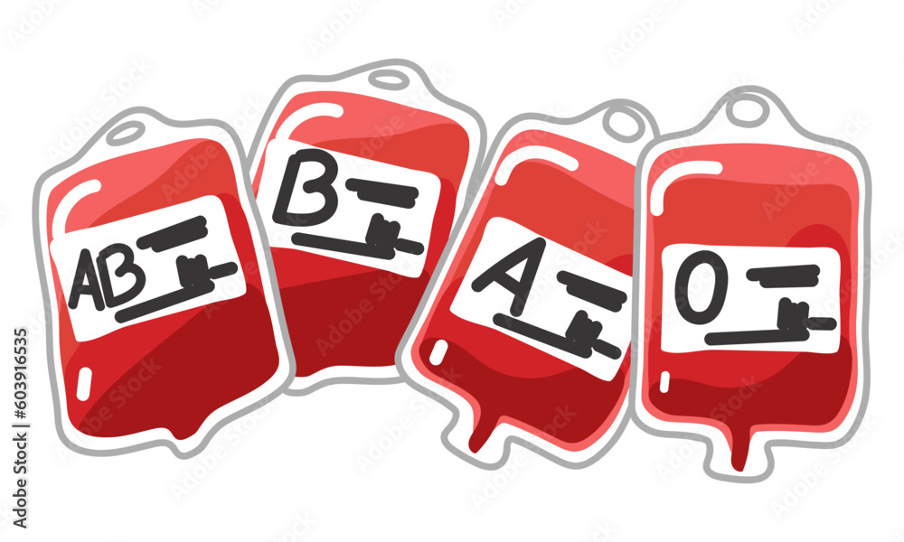 A blood bag with a label of different blood groups A, B, O and Rh system. Blood donation ideas ...