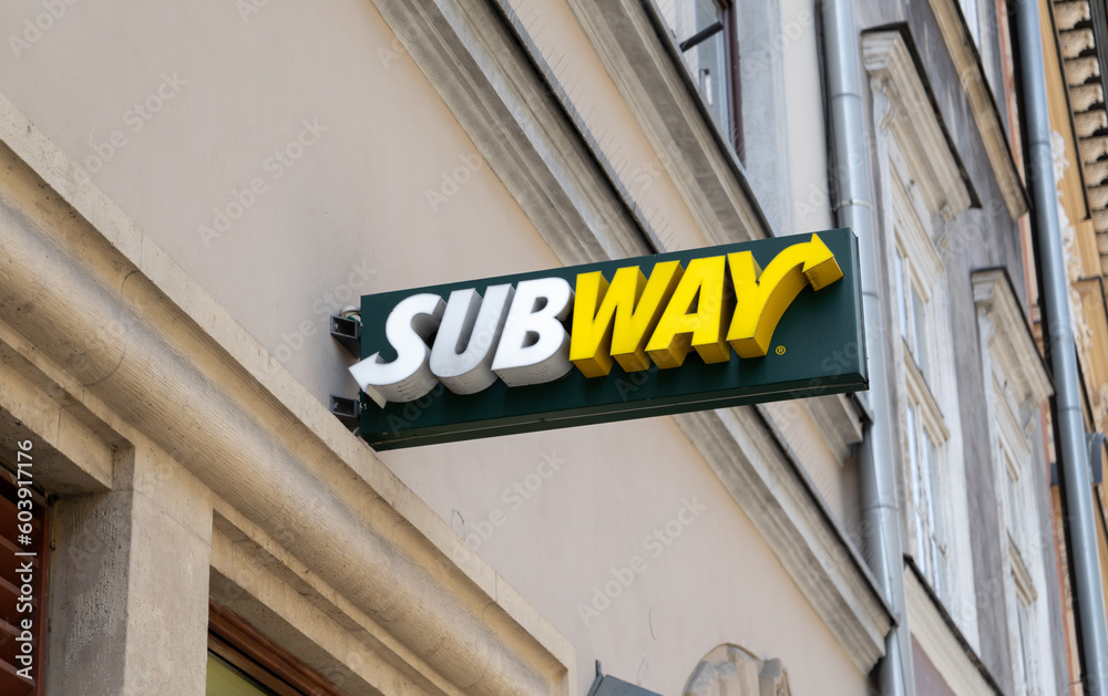 Subway restaurant logo sign. Fast food submarine sandwiches or subs ...