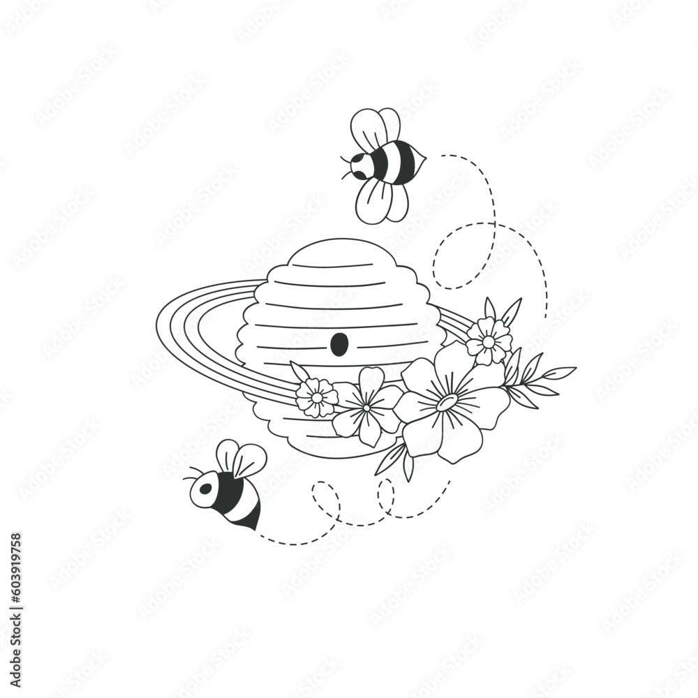 Linear floral cosmic beehive planet vector illustration. Decorative ...