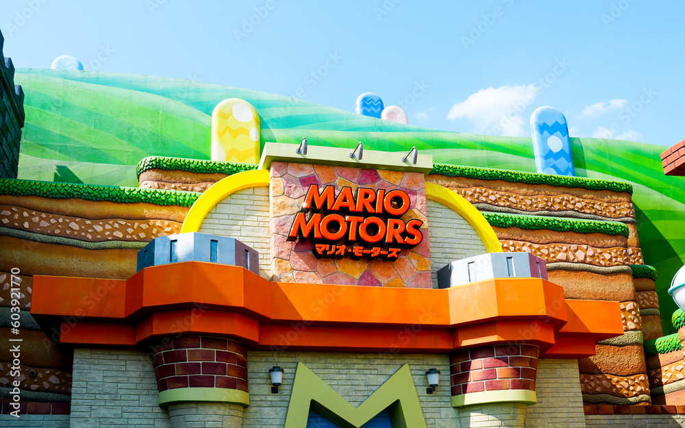 Japan - April 03, 2023: Mario Motors logo banner entrance for playing ...