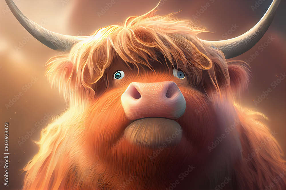 Cartoon young fat bull curiously watching the photographer Generative ...