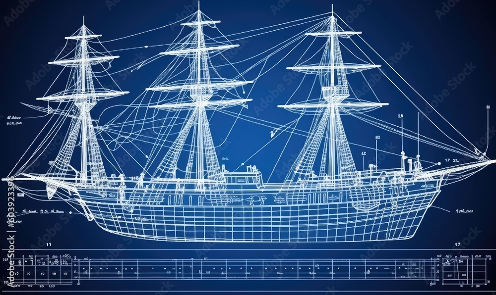 The technical drawing of the ship outlines its intricate hull structure ...