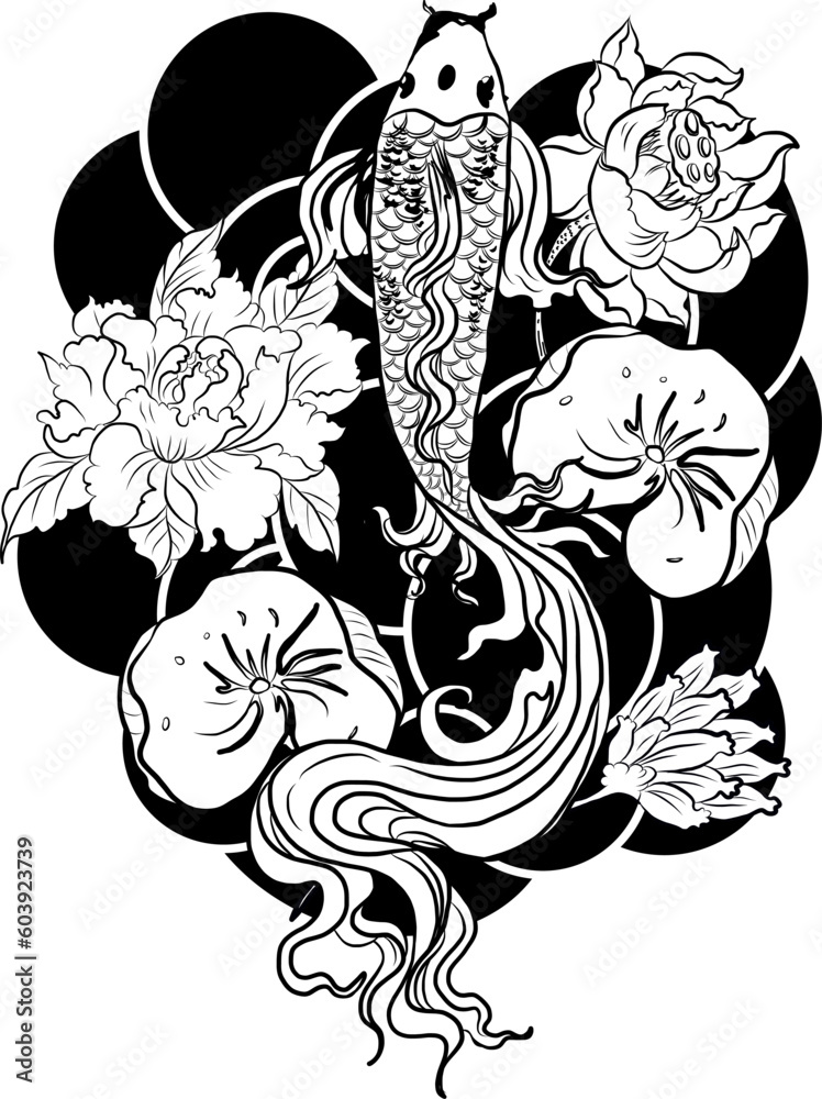 vector illustration of Japanese koi fish tattoo style drawing. Japanese ...