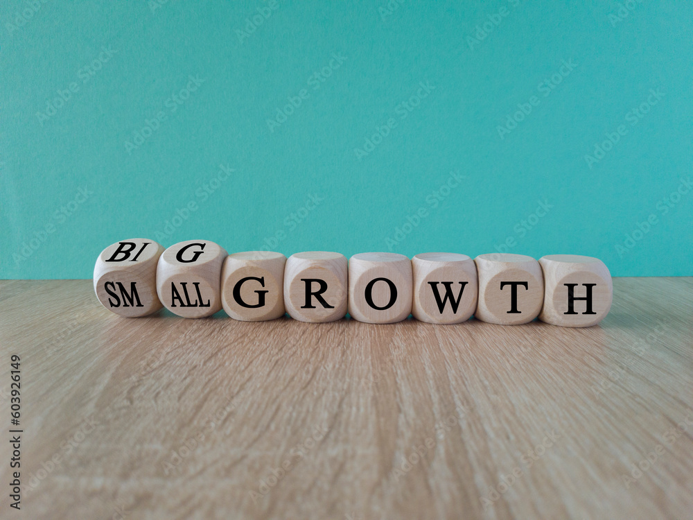 Big or small growth symbol. Turned wooden cubes and changes words Small ...