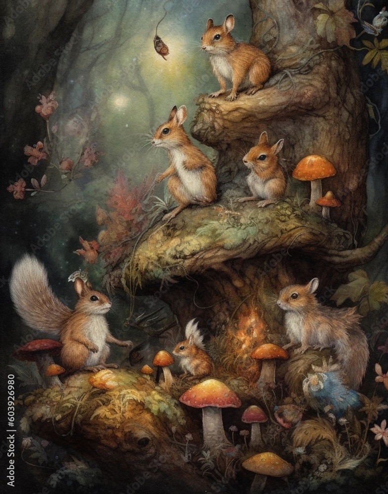 Watercolor vintage drawing children's book illustration family of mice ...