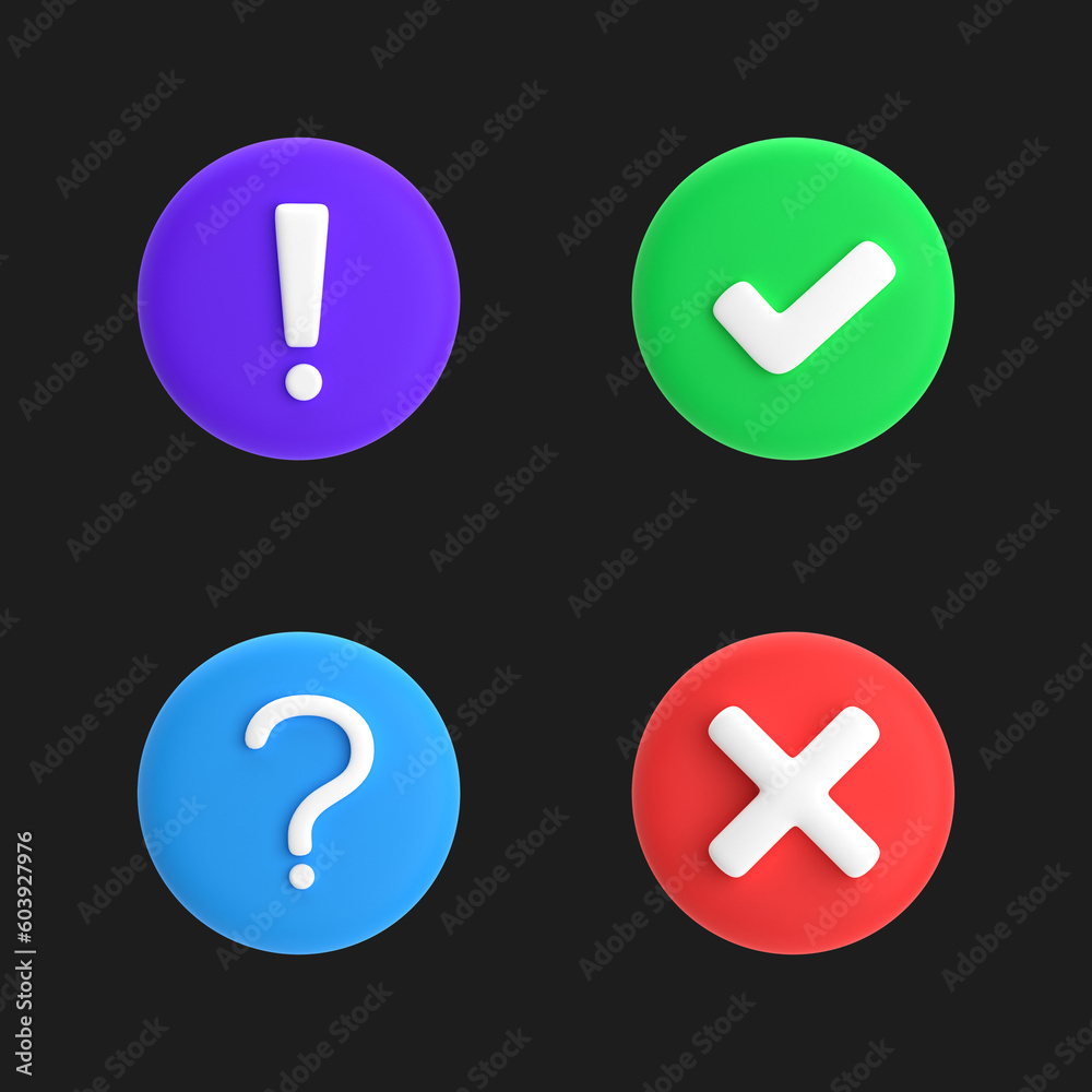 collection of check mark exclamation mark, question mark icons, 3d ...