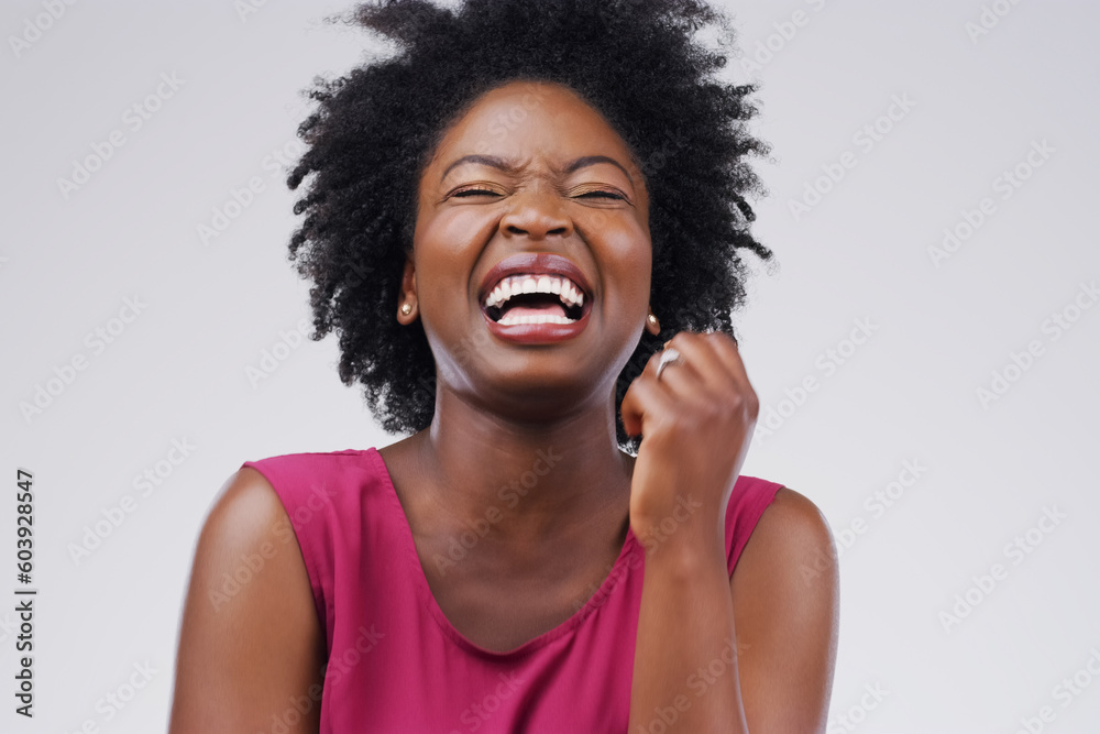 Happy, laughing and a black woman with comedy and smile isolated on a ...