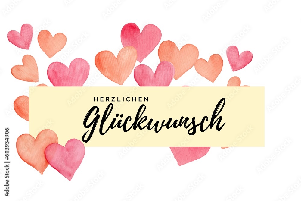 Herzlichen Glückwunsch Schriftzug mit roten und orangen Herzen ...