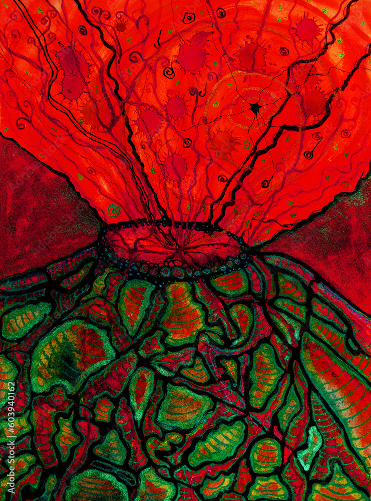 Bright red eruption of a vulcano with neurographic patterns. The ...