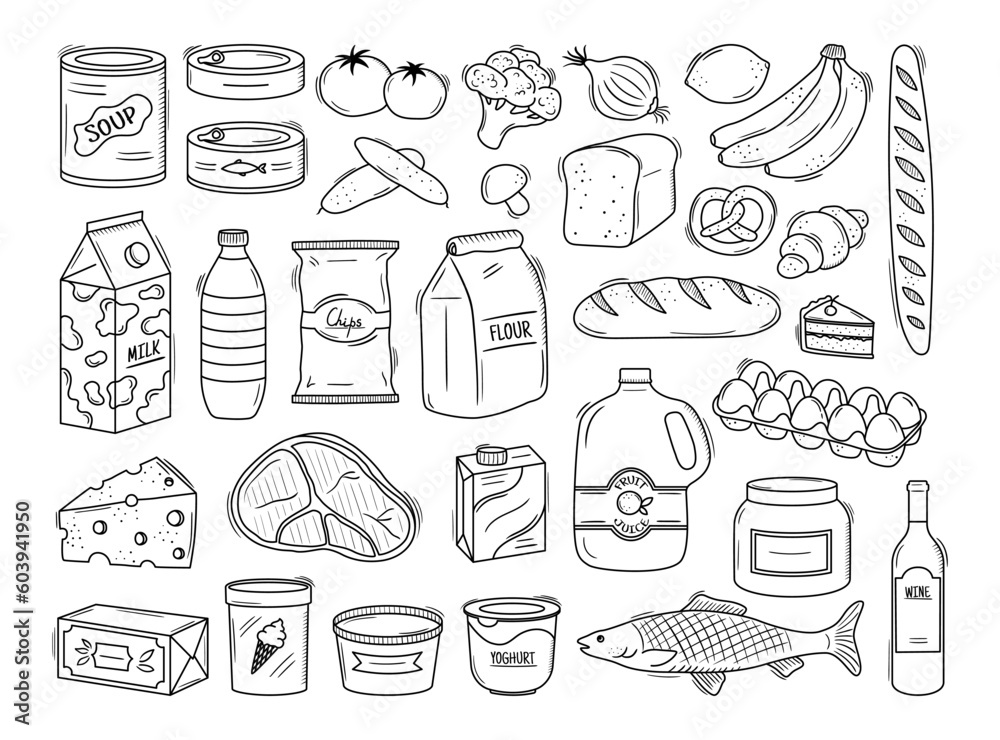 Set of hand drawn supermarket products illustrations. Food doodle ...