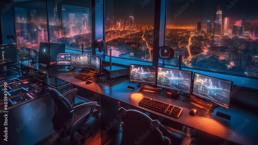 Control room with monitors Big city buildings view outside the window ...