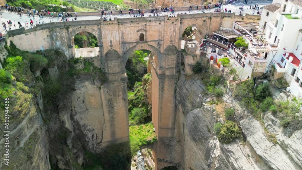 Overhead drone clip of Puente Nuevo bridge at Ronda, main tourist ...
