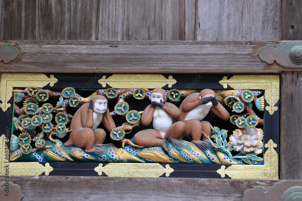 Nikko shi, Japan -three wise monkeys sculpture is shown in Toshogu ...