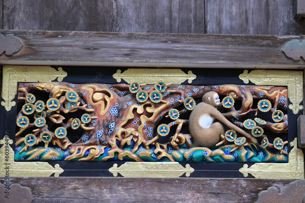 Nikko shi, Japan -three wise monkeys sculpture is shown in Toshogu ...