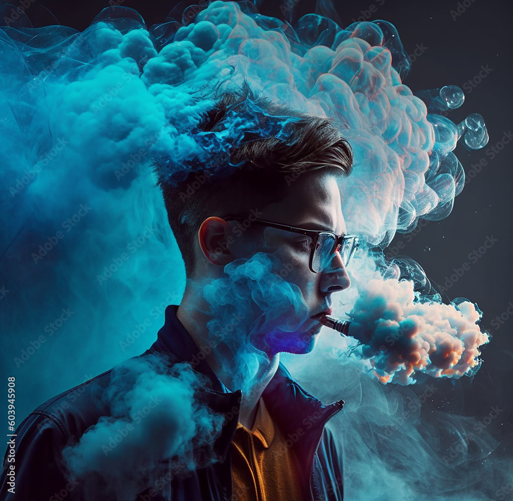 Generative AI: Young man vaping clouds of smoke Stock Illustration ...
