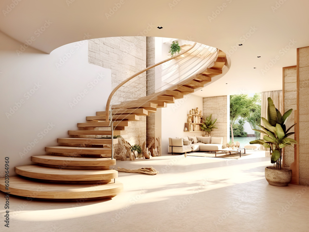 Interior design of modern living room with wooden spiral staircase ...