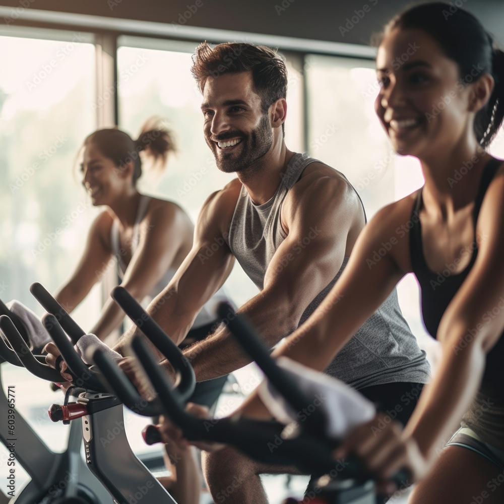 A group of people riding stationary bikes in a gym, a photo of a group ...