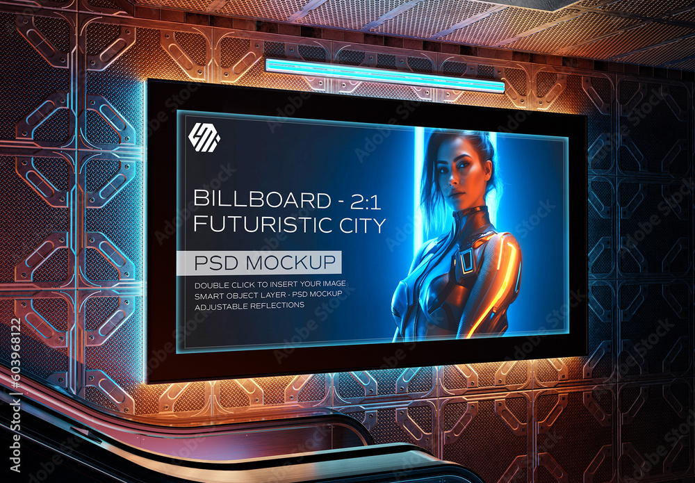 Cyberpunk Panoramic Billboard Mockup in Futuristic Underground Stock ...