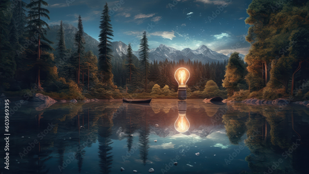 a light bulb on a lake with trees and starry night sky, in the style of ...