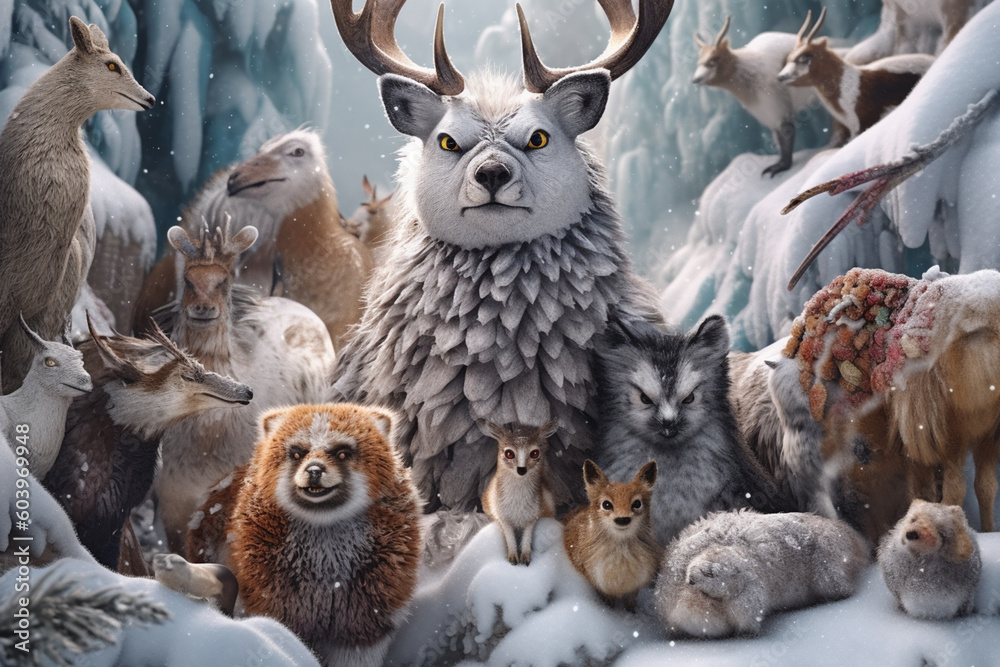 frozen wildlife, with animals adorned in icy textures and frozen poses ...
