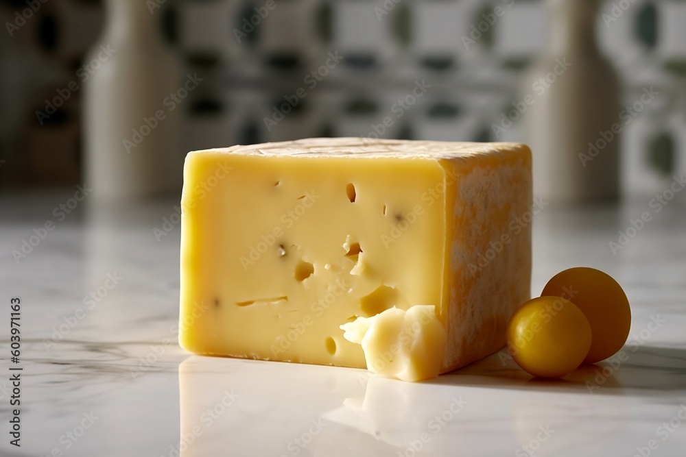 Moldy cheese on kitchen surface. A big piece of cheese. Cooking and ...