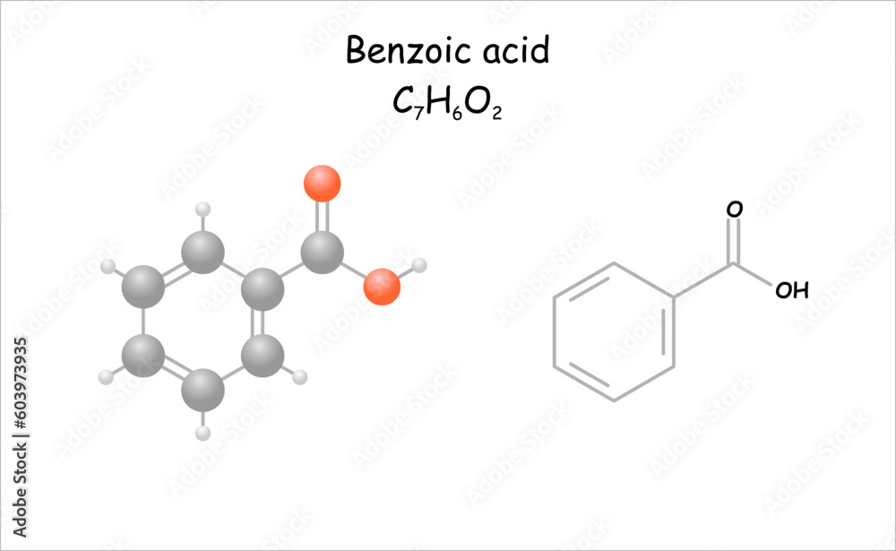 Stylized molecule model/structural formula of benzoic acid. Use as ...