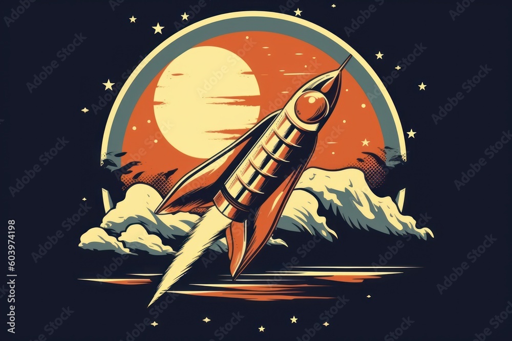 Old school rocket travels to a planet. Beautiful illustration picture ...