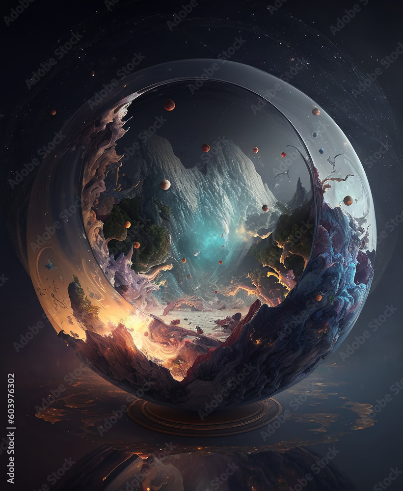 New world is creating inside a crystal ball. Miniature Universe with ...