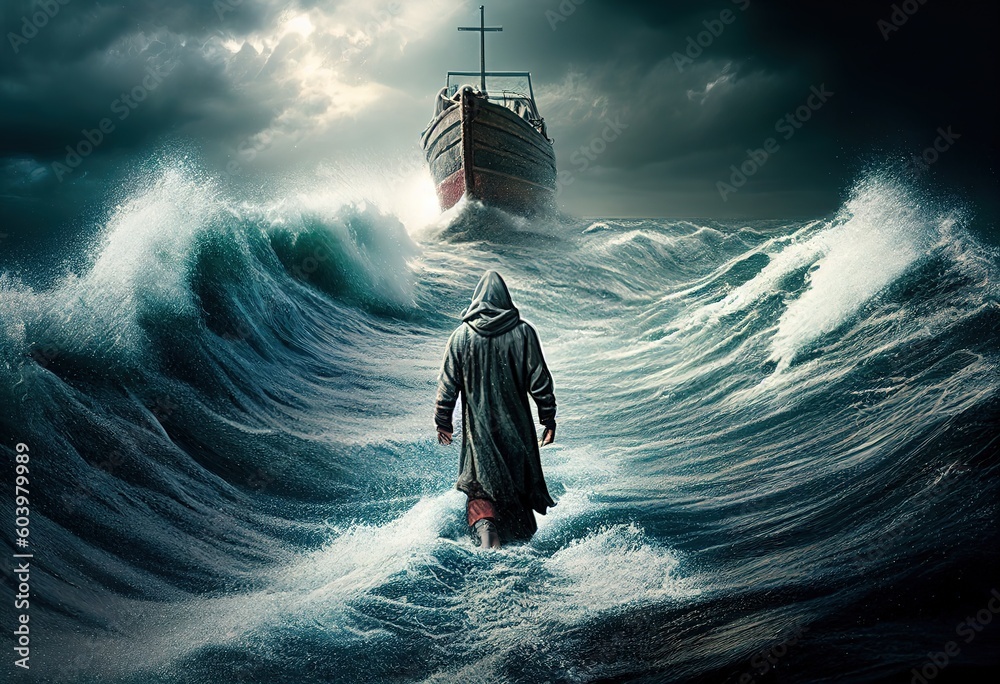 Jesus walks on water across the sea towards a boat during a storm ...