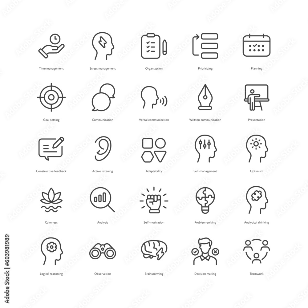Outline Style Ui Icons Soft Skill For Business Collection Vector Black Linear Icon Illustration