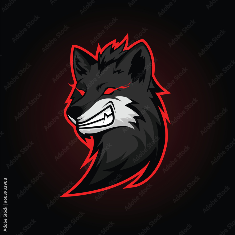 Wolf e sports mascot logo with red outline and naughty grin on the face ...