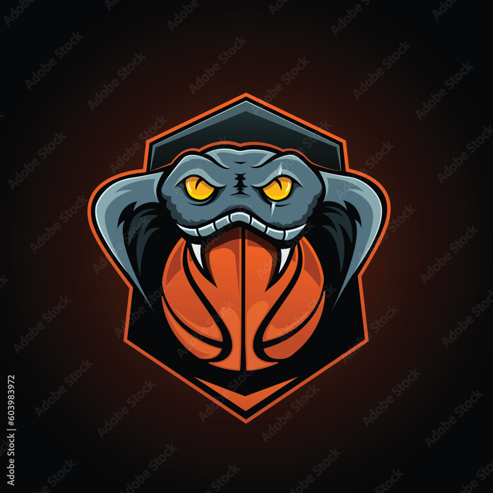 Angry snake looking at you while biting a basketball. scary team mascot ...