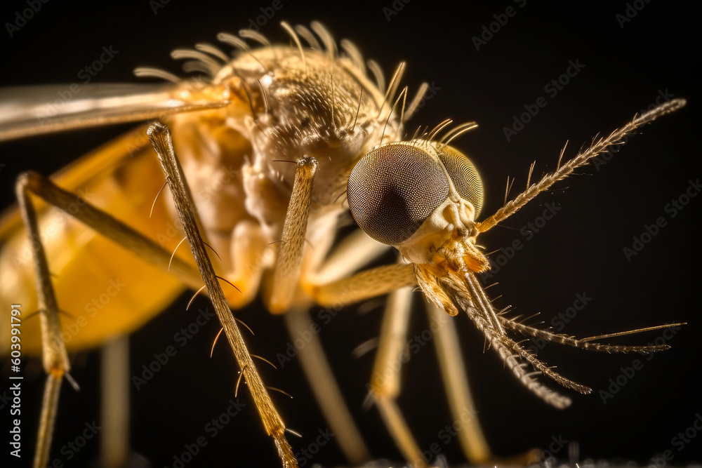 Close up macro biting mosquito portrait with dark background ...