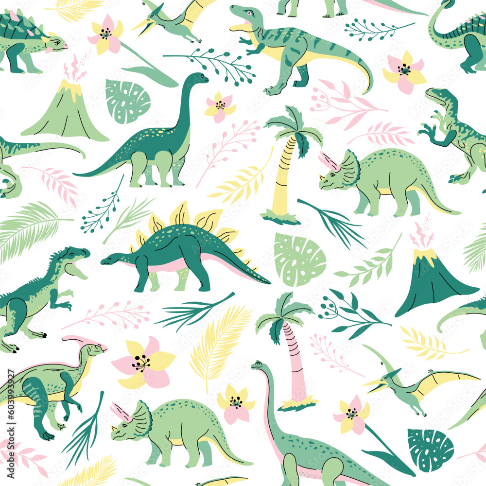 Seamless pattern with bright dinosaurs and green plants including T-rex ...